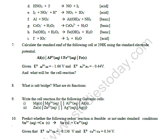 CBSE Class 11 Chemistry Redox Reactions Worksheet Set A